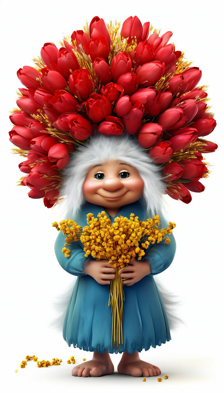"Fluffy funny troll with a huge bouquet of red tulips and golden mimosa ...