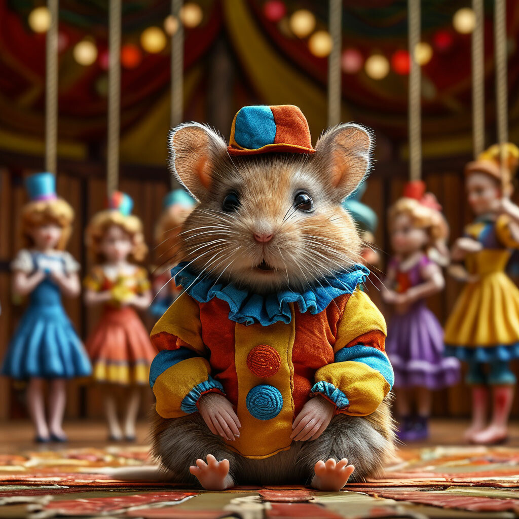 "A sad hamster in clown clothes sits in a circus and looks at the ...