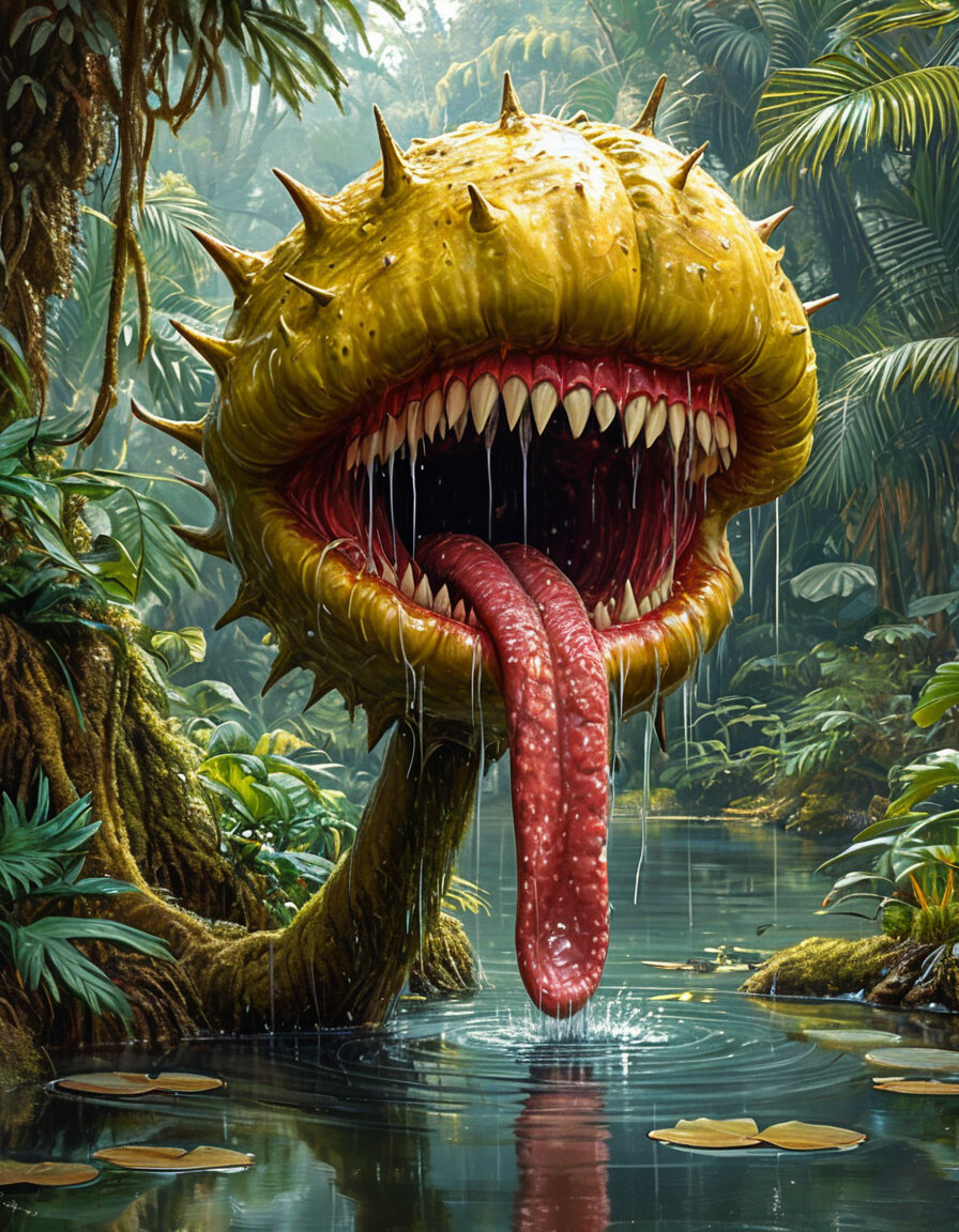Surrealism. a man-eating flower with spikes in the form of teeth, with ...