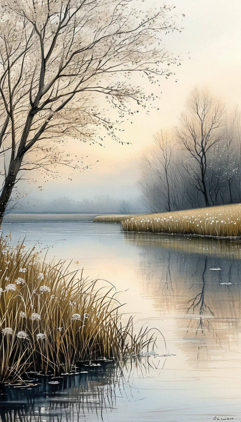 spring landscape, water, white grasses , morning blurred reflections of ...