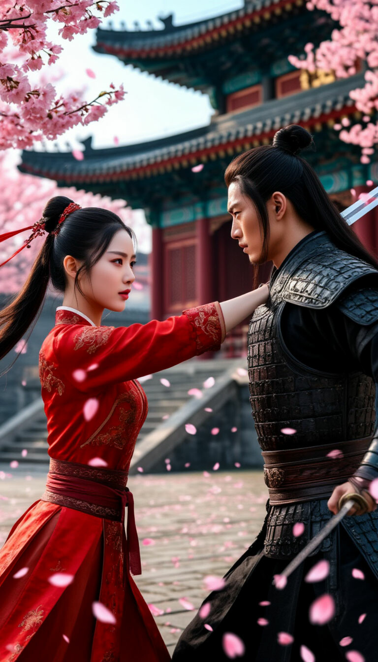 "China, ancient city, palace, close-up of a sword fight between a ...