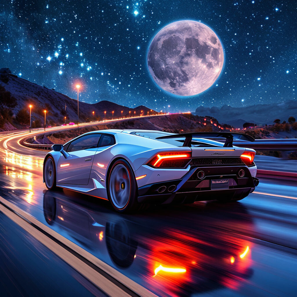 "Double exposure Night highway, starry sky, big moon, neon lights ...