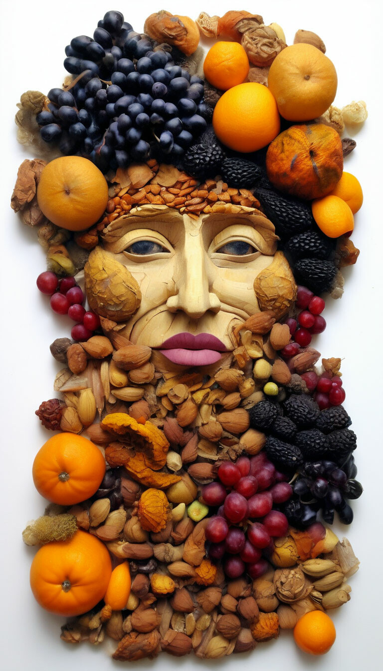 "Portrait, a face made of dried fruits, in the style of J. Arcimboldo ...