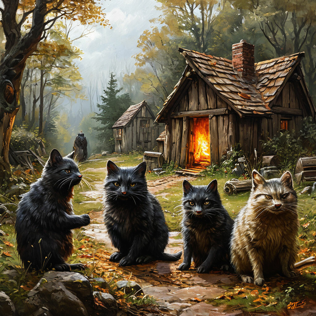 "Cats defend their camp from badger invasion" — image created in Shedevrum
