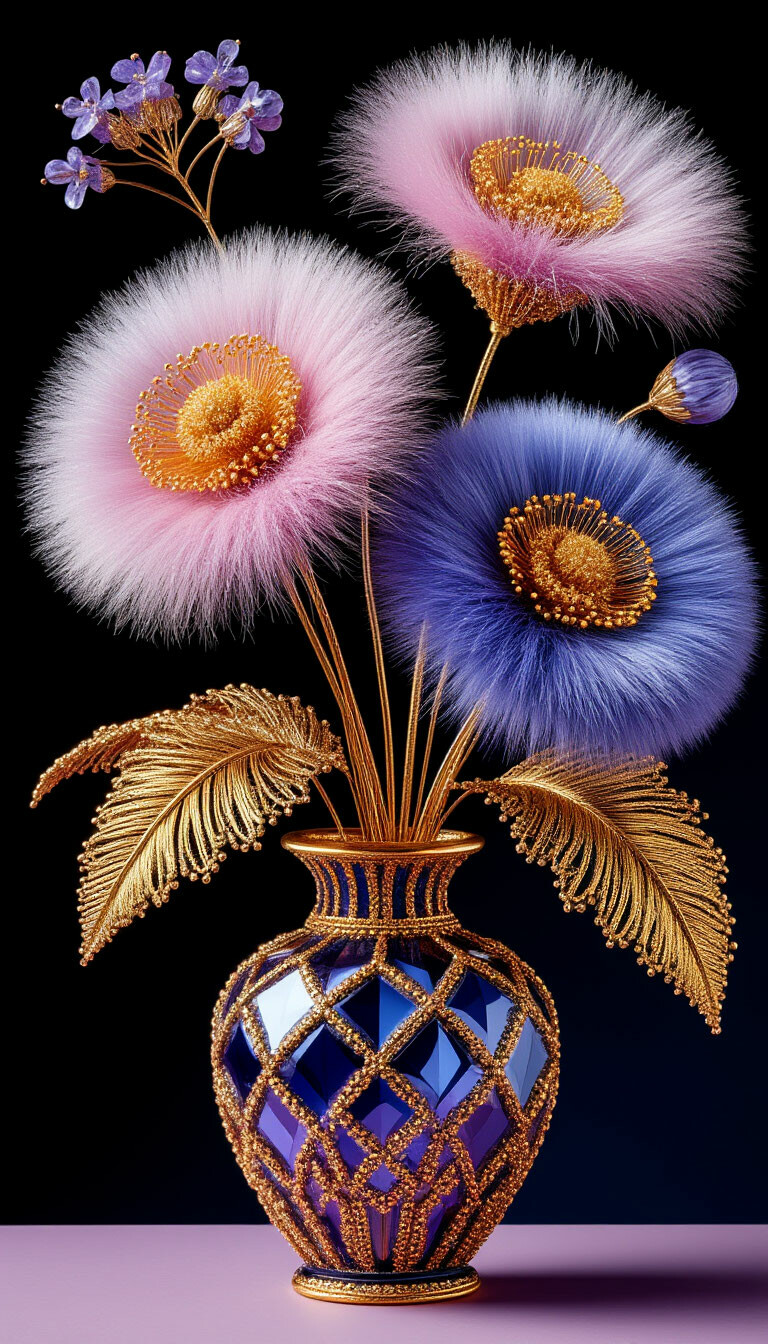 style illustration by Mary Maka, flowers in a vase, delicate fluffy ...