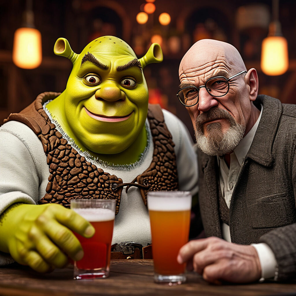 "Shrek drinks bleach with Walter White" — image created in Shedevrum