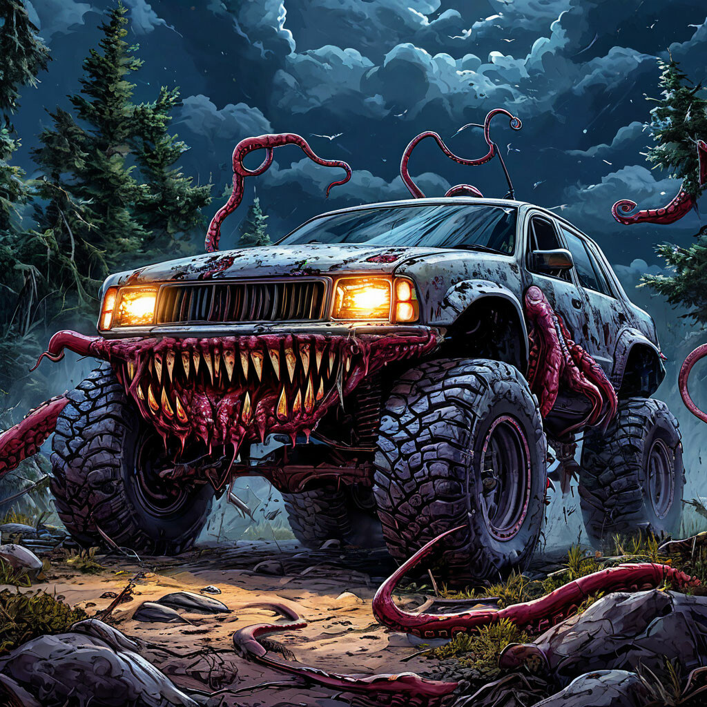 "Monster car,sharp teeth from the hood,tentacles,night,realistic and ...