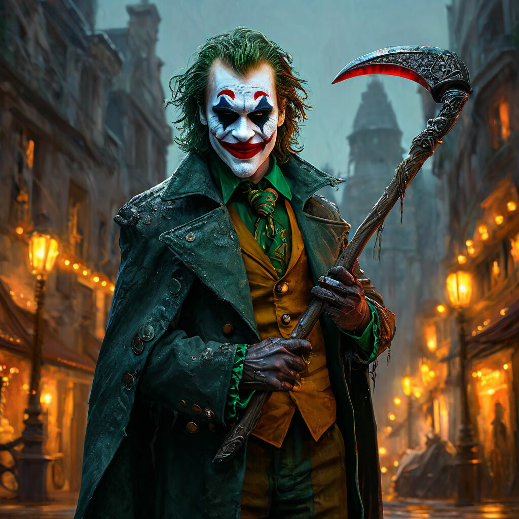 "Joker death with a scythe Evening lights Hell" — image created in ...