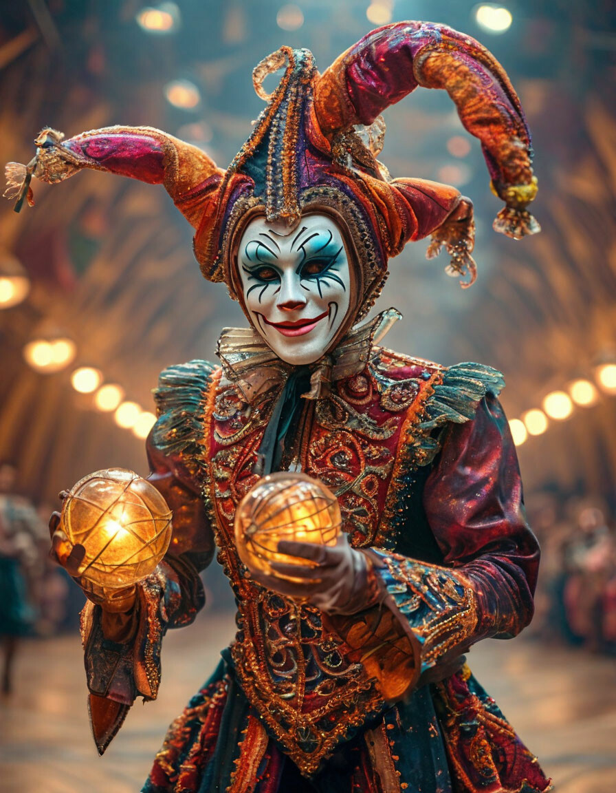 "An artist in a harlequin mask performs in the arena of the circus ...
