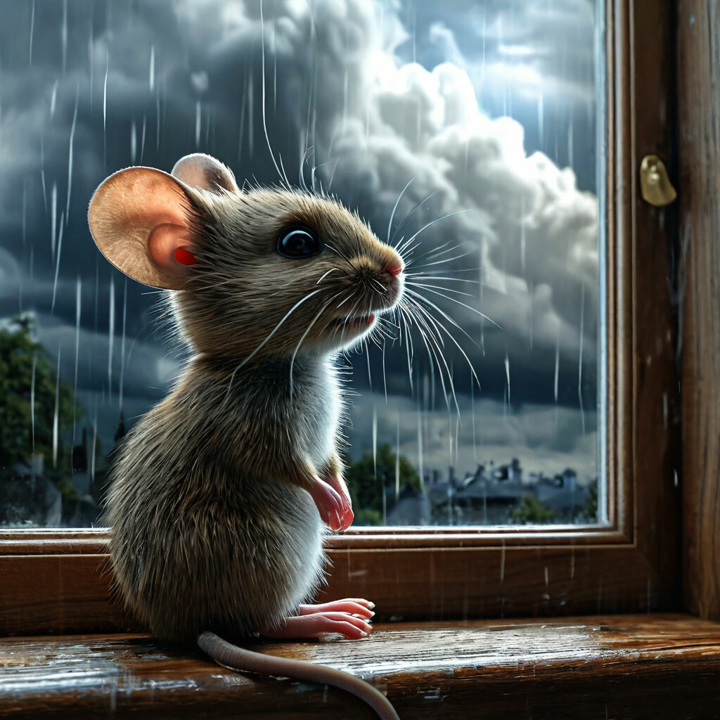 "A cute mouse sits on the window and looks at the storm raging outside ...