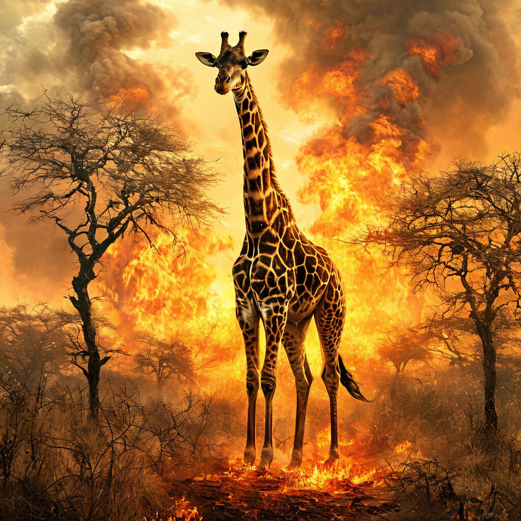 "Giraffe covered in fire walks through the savannah fire giraffe ...
