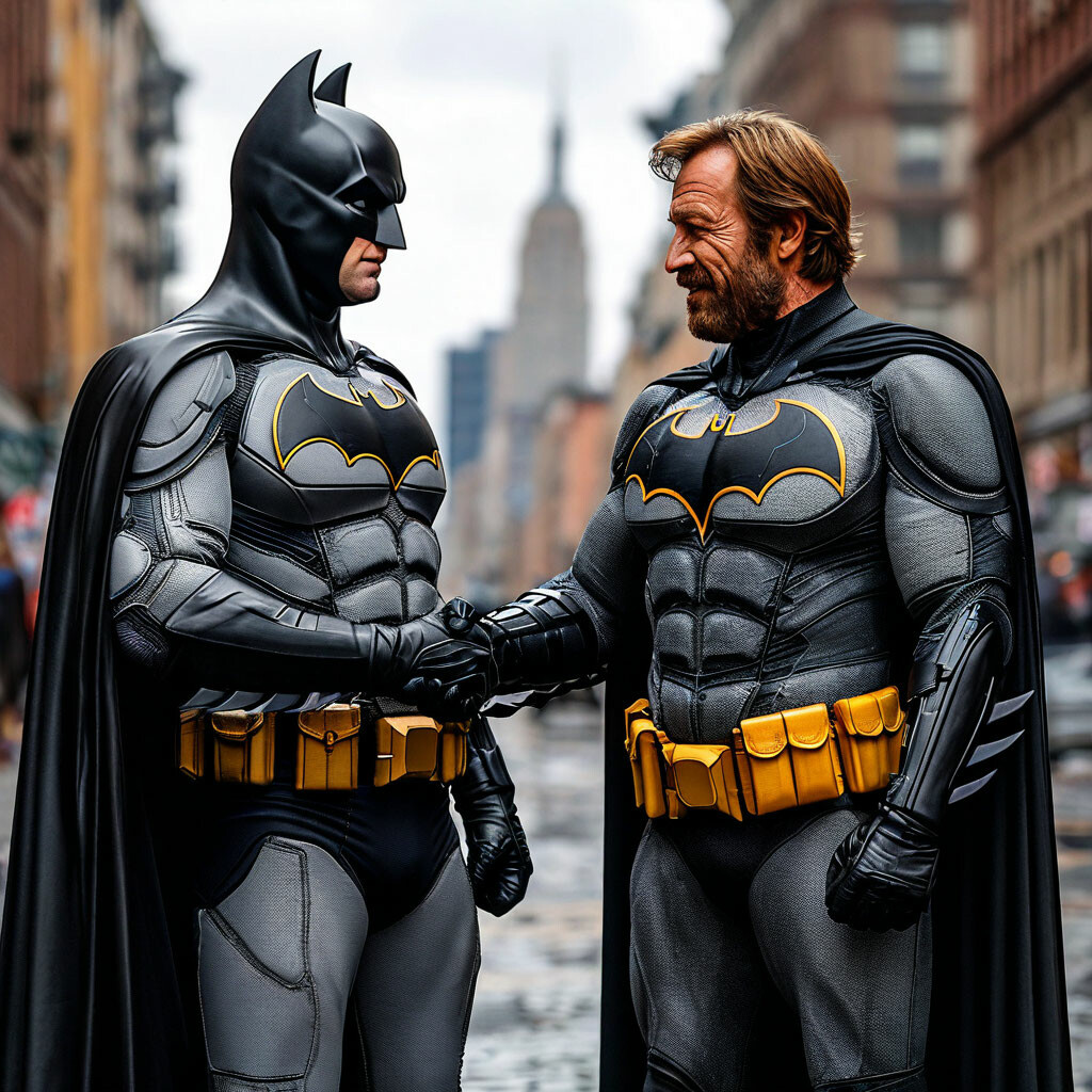 "Batman le da la mano a Chuck Norris" — imagen creada en Shedevrum