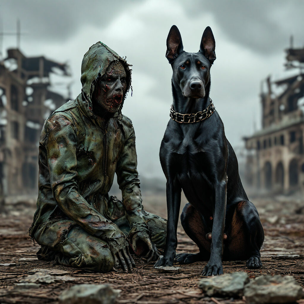«💫 доберман 3d сидит рядом с зомби …» — картинка создана в Шедевруме