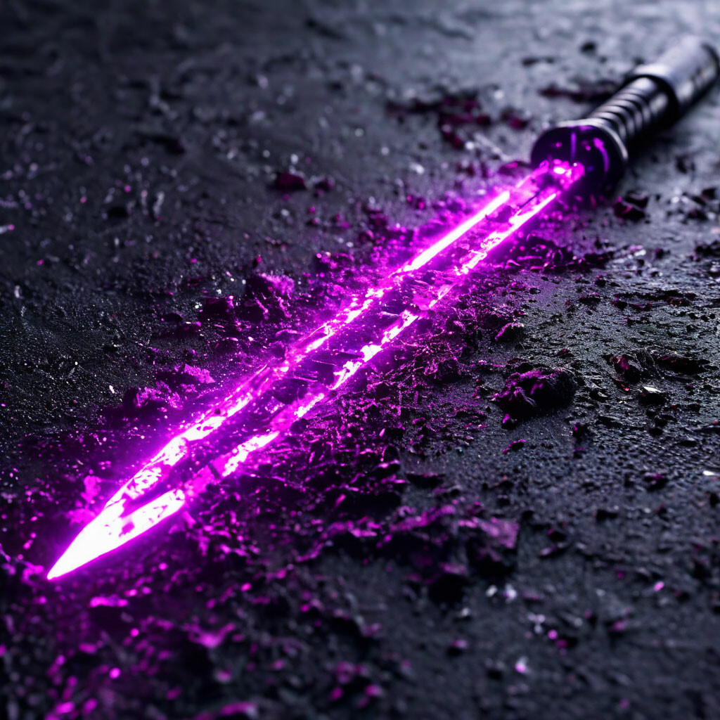 "Blade 2163 a laser blade with a purple glow, black particles of ...