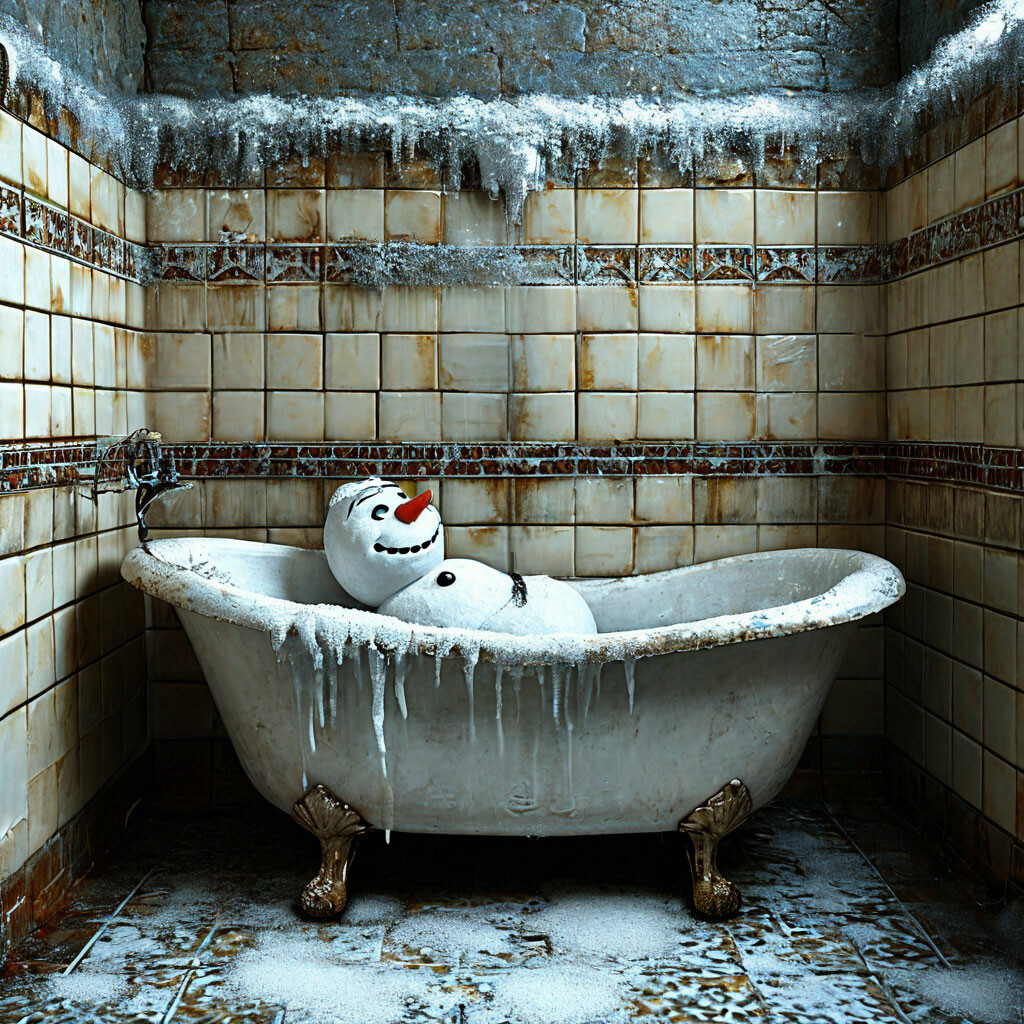 "Bathroom, tiled walls. a bathtub, an icicle hanging from the faucet. A ...