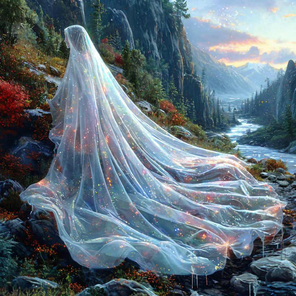 "White transparent iridescent veil, side view of the New Year's ...