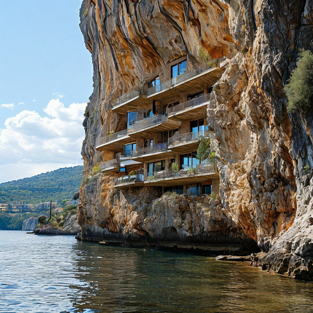 "A high steep cliff above the river with windows and balconies in the ...