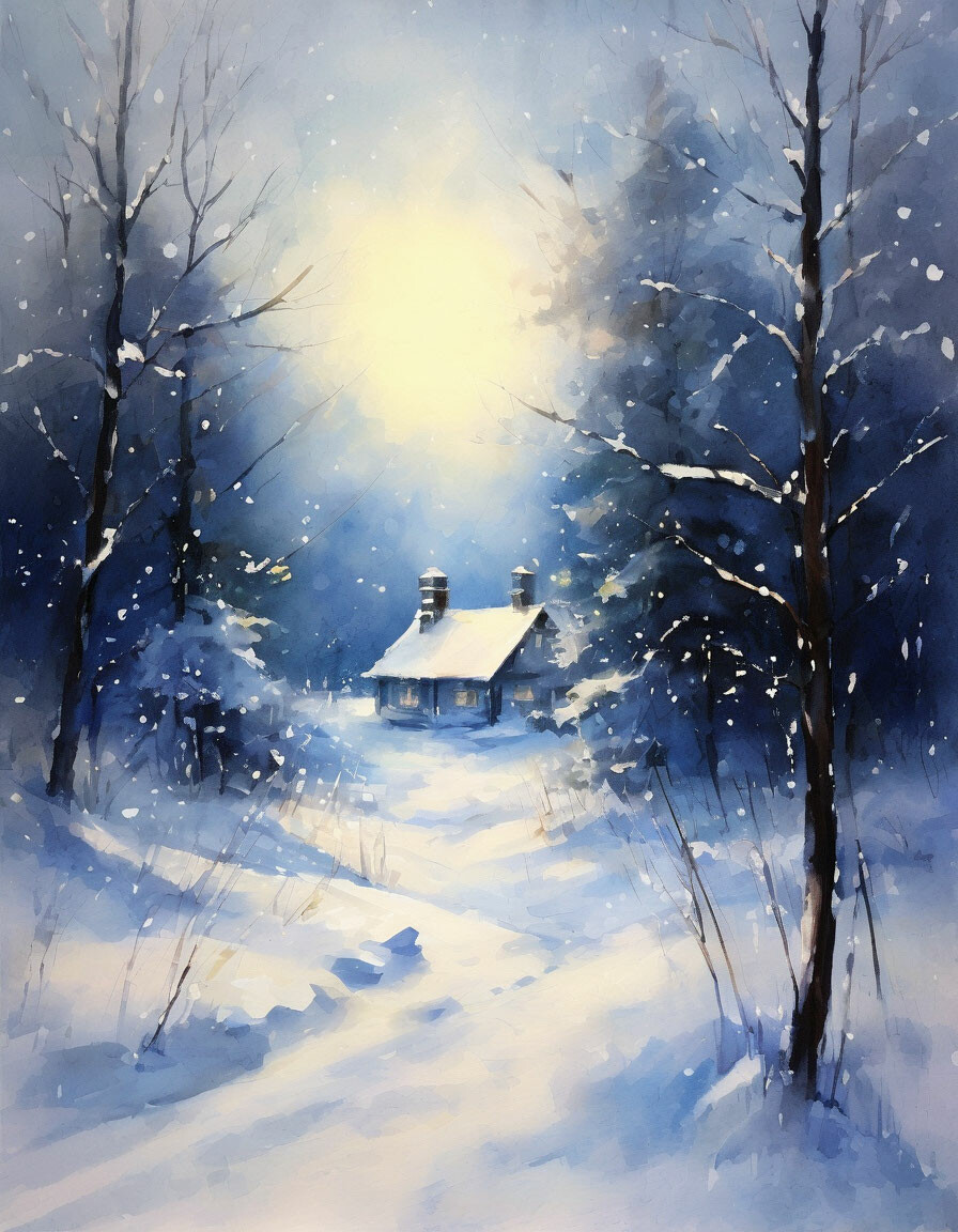 winter forest, edge, very heavy snowfall, sparkling snowflakes, night ...