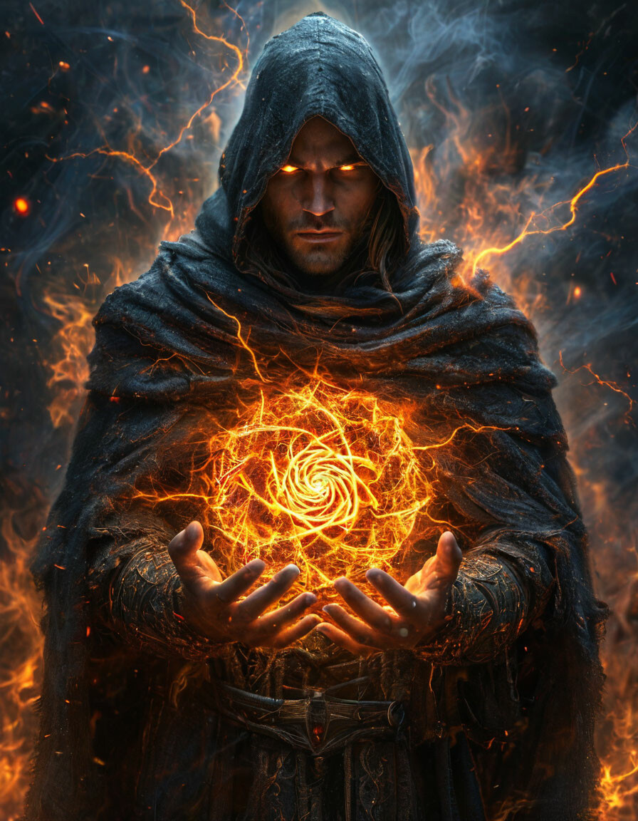 "A charismatic male magician in a hood holds in his hands a fractal of ...