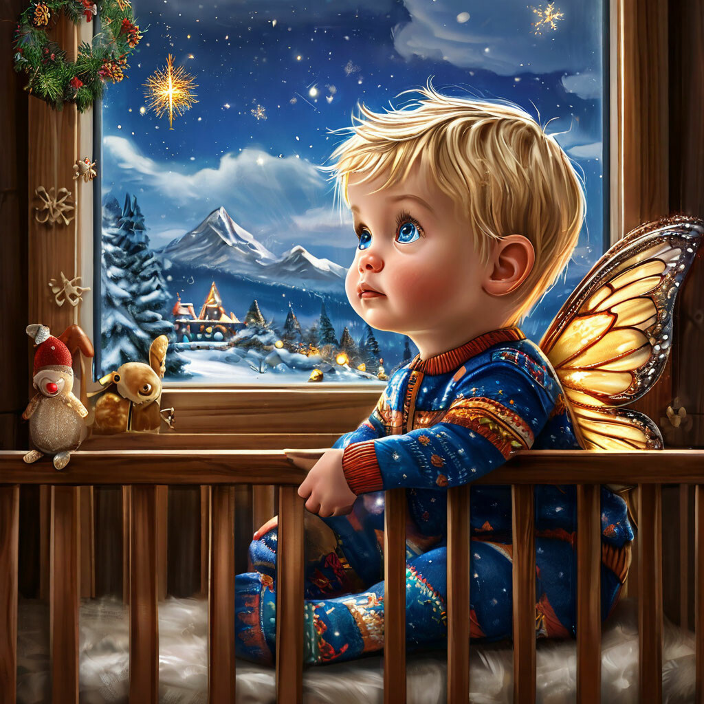 "A warm, cozy room. a wooden baby cot…" — image created in Shedevrum