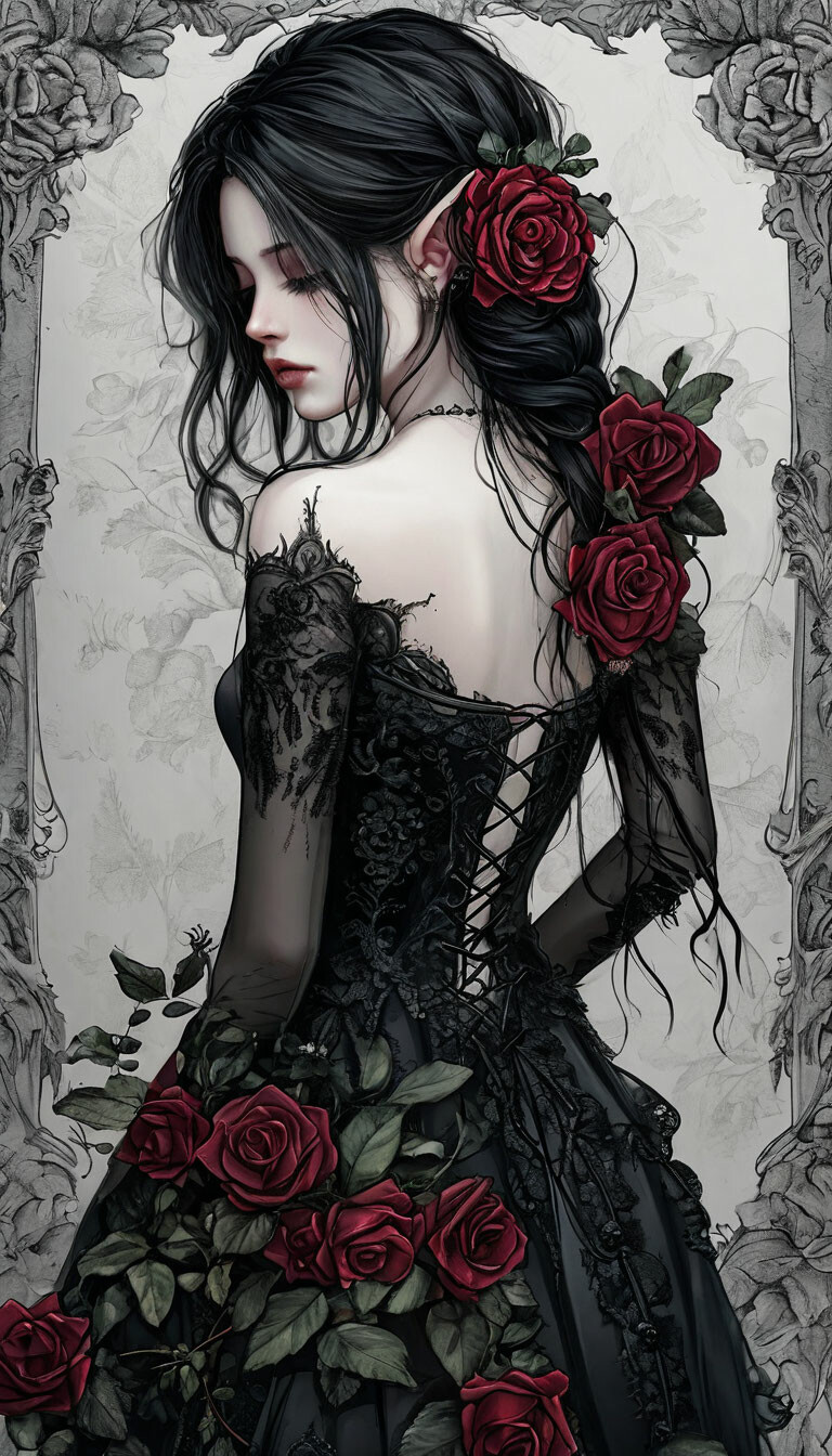 "Love and black roses hand-drawn anime…" — image created in Shedevrum