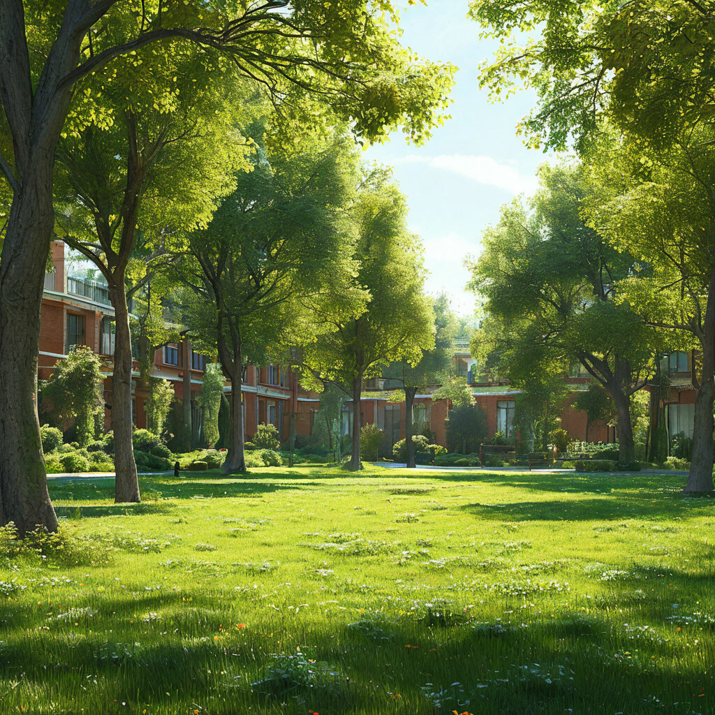"School yard with tall trees park school morning warm light grass 4K ...