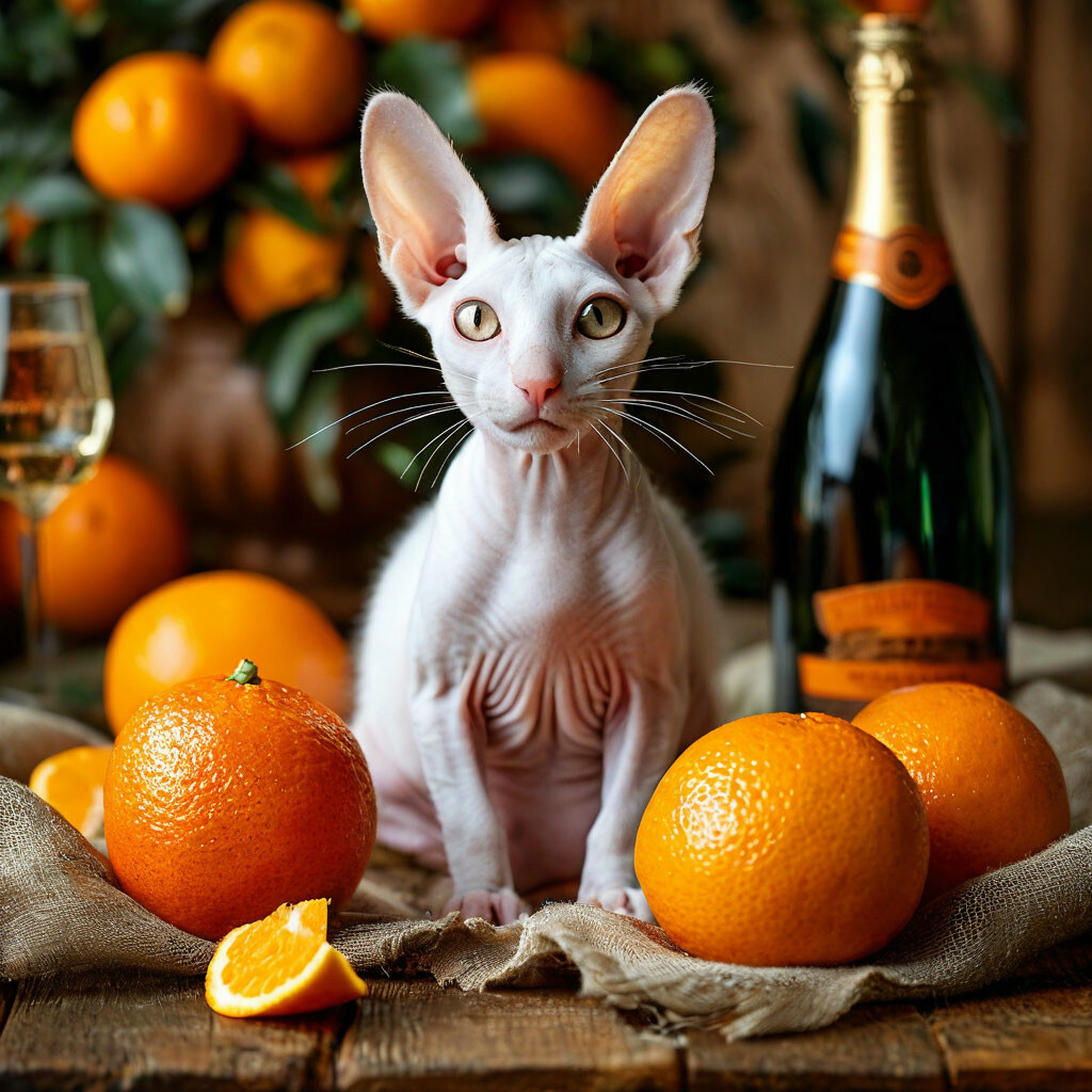 "A fat white cornish Rex sits on the …" — image created in Shedevrum
