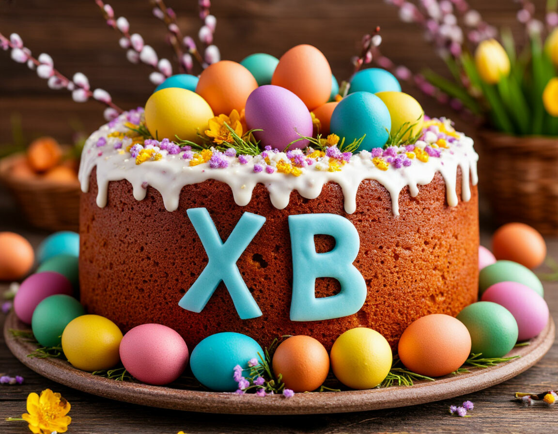 "A big Easter cake. Willow flowers are all around. the inscription in ...