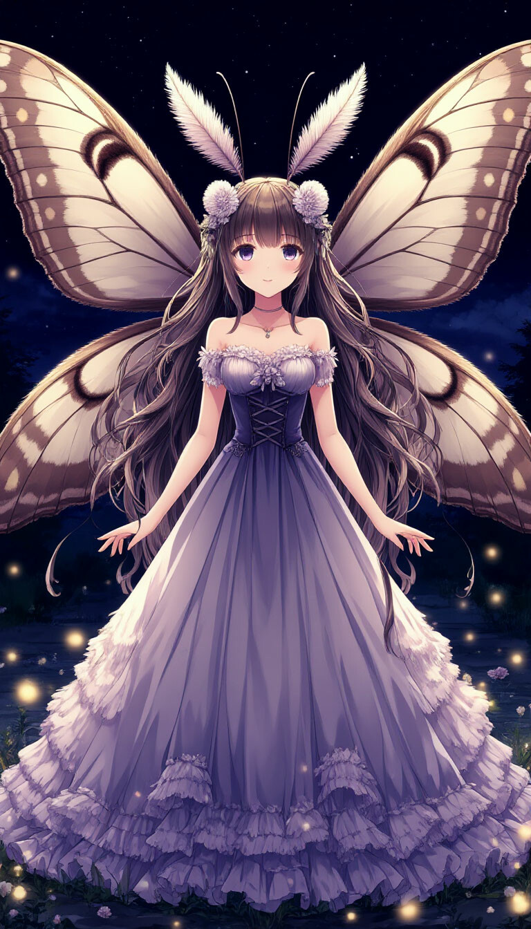 "🐹 girl, big fluffy long wide moth wings on her back, drooping down ...