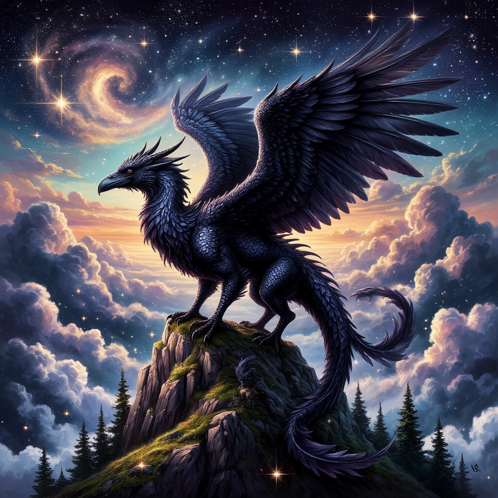 "A magical raven dragon on top of a mountain surrounded by clouds and ...