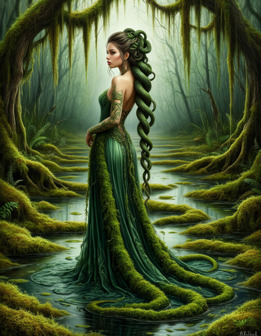 «Красивая девушка с змеинными волосами в длинном платье с шлейфом с … — картинка создана в