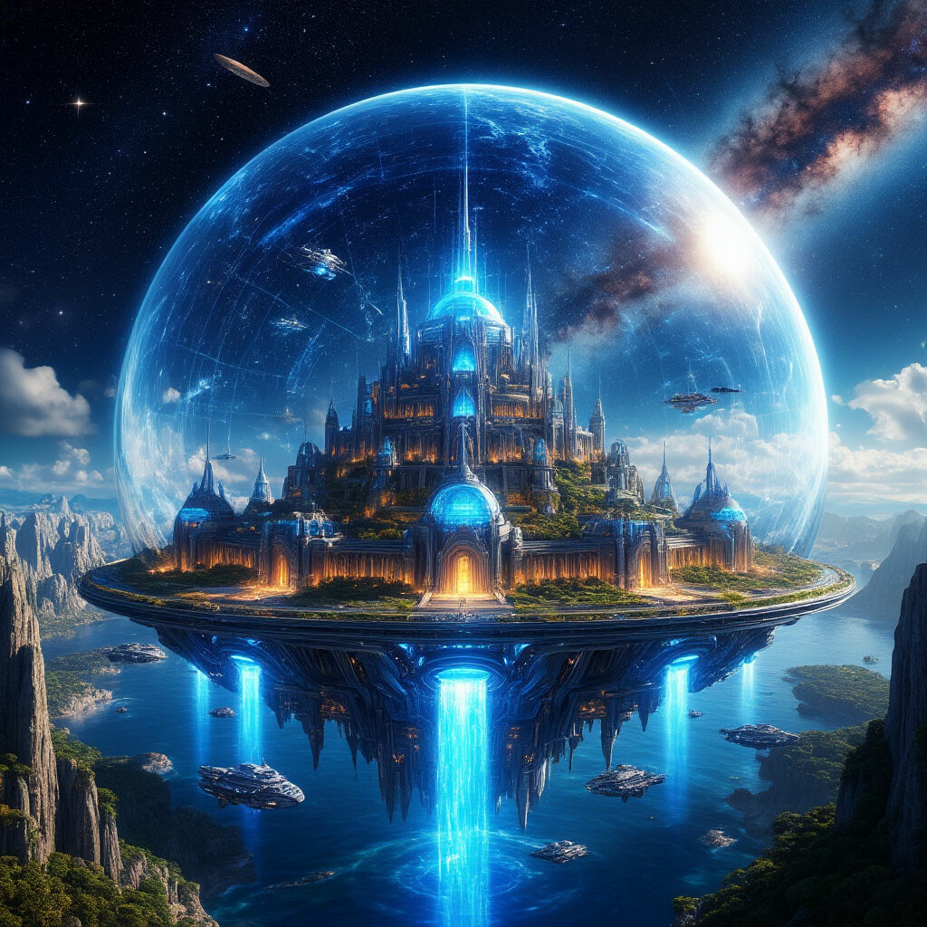 «Fantasy, fantastic city of Atlantis, blue glow from engines, flying ...