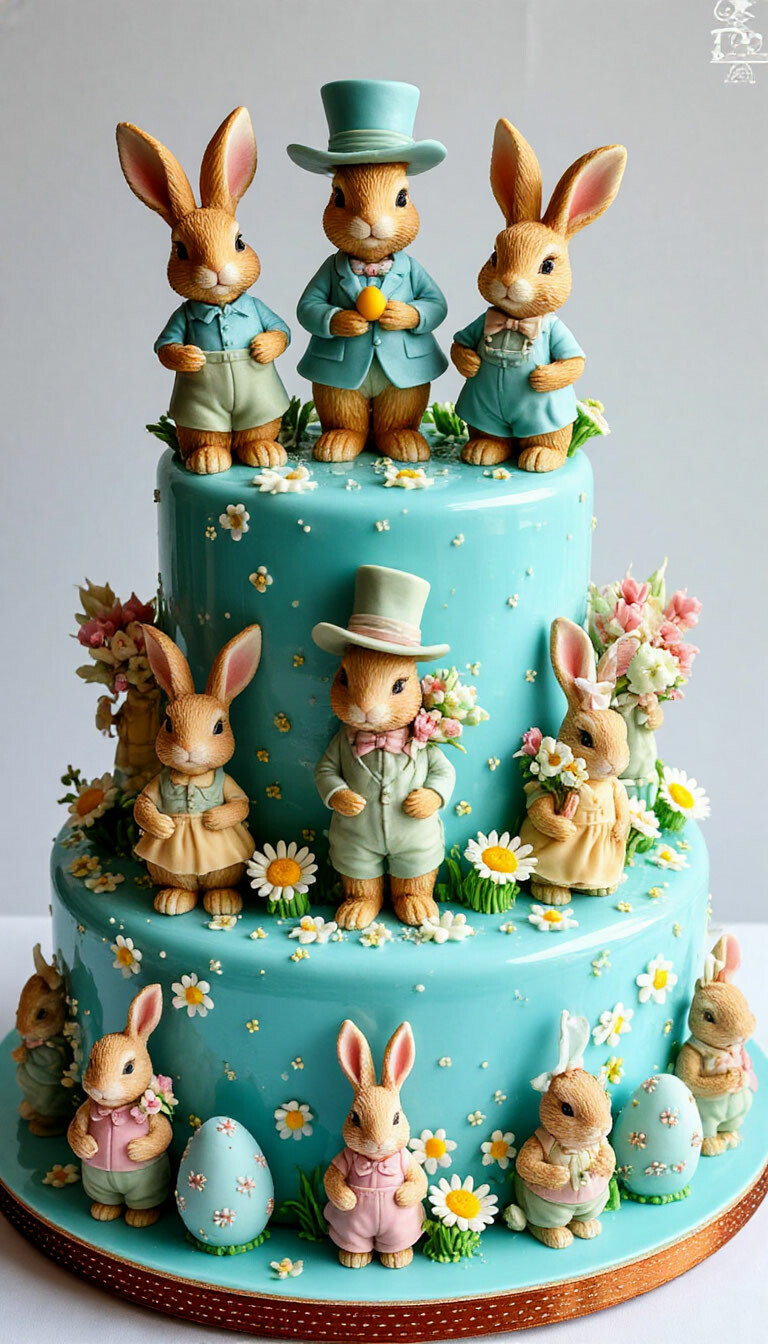 "Large three-tiered cake,glossy blue fudge,small figures arranged on ...