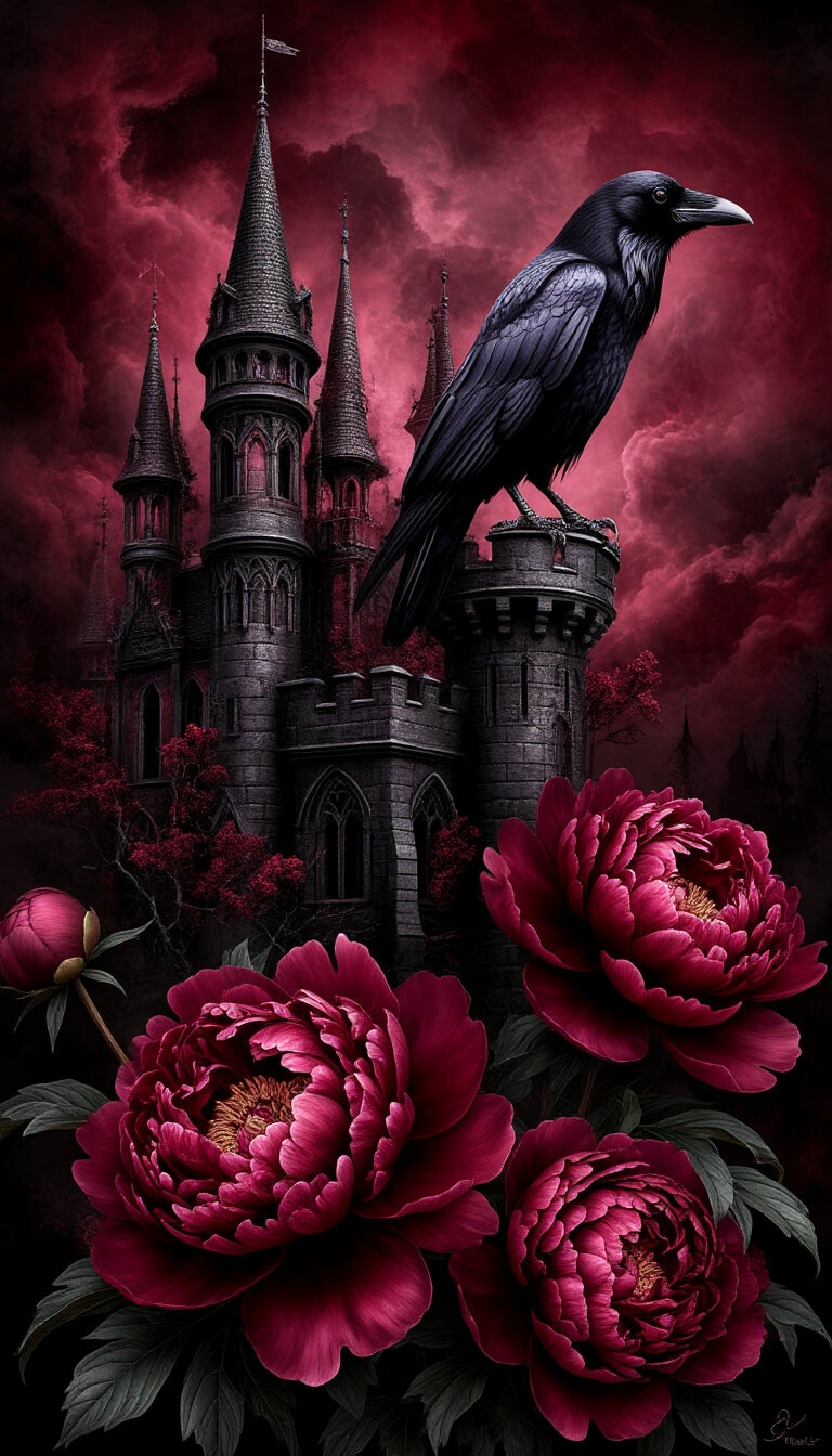 Maroon peonies, Gothic castle and one crow sitting on a tower, black ...