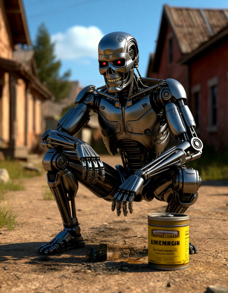 "The Terminator is squatting. There is a can of engine oil nearby. The ...