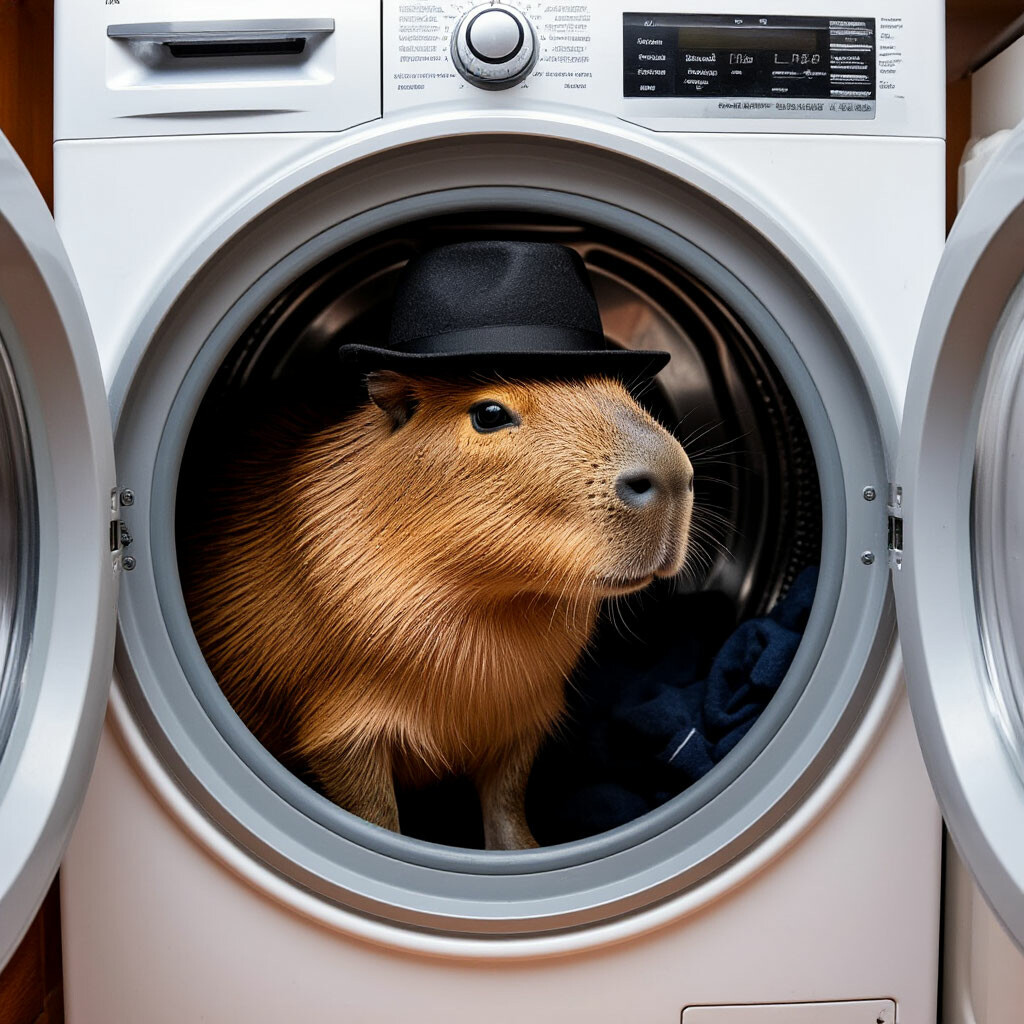 "Laundry A capybara puts a black hat …" — image created in Shedevrum