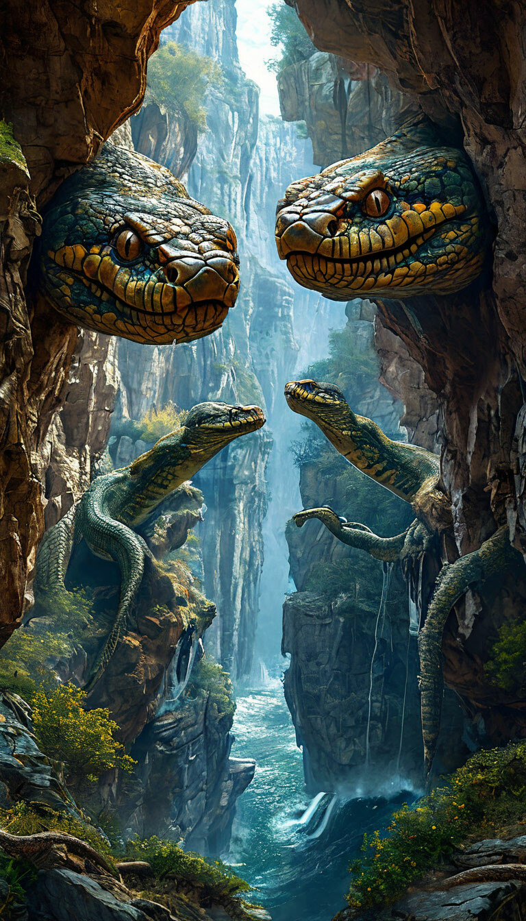 two huge snake heads with a kind smile. view from the cave on the cliff ...
