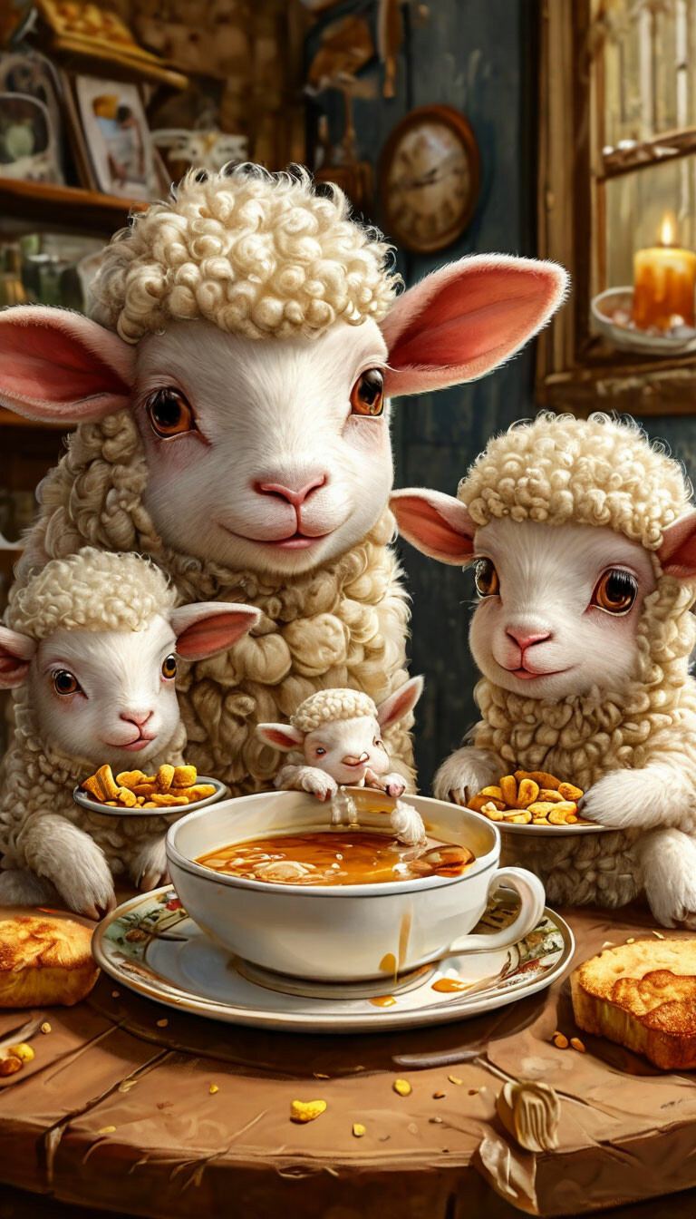 "💫👀💫 The lamb family is having breakfast Cute, with a wool texture ...