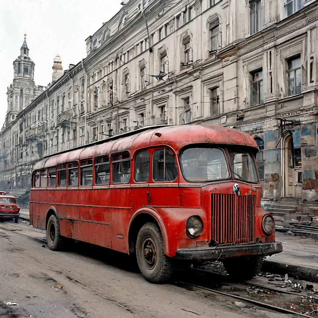 "The old ZiS 155 bus in Moscow in 1947" — image created in Shedevrum