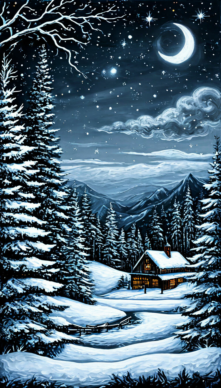 "A dark night, painting nature in white. Christmas composition. the ...