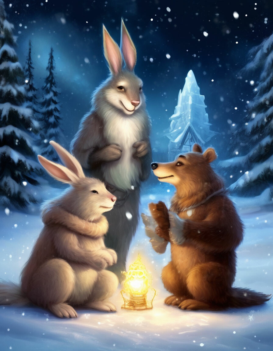 "Christmas night. A chicken-tailed hare, a wolf, a bear and a snow maiden." — image created in ...