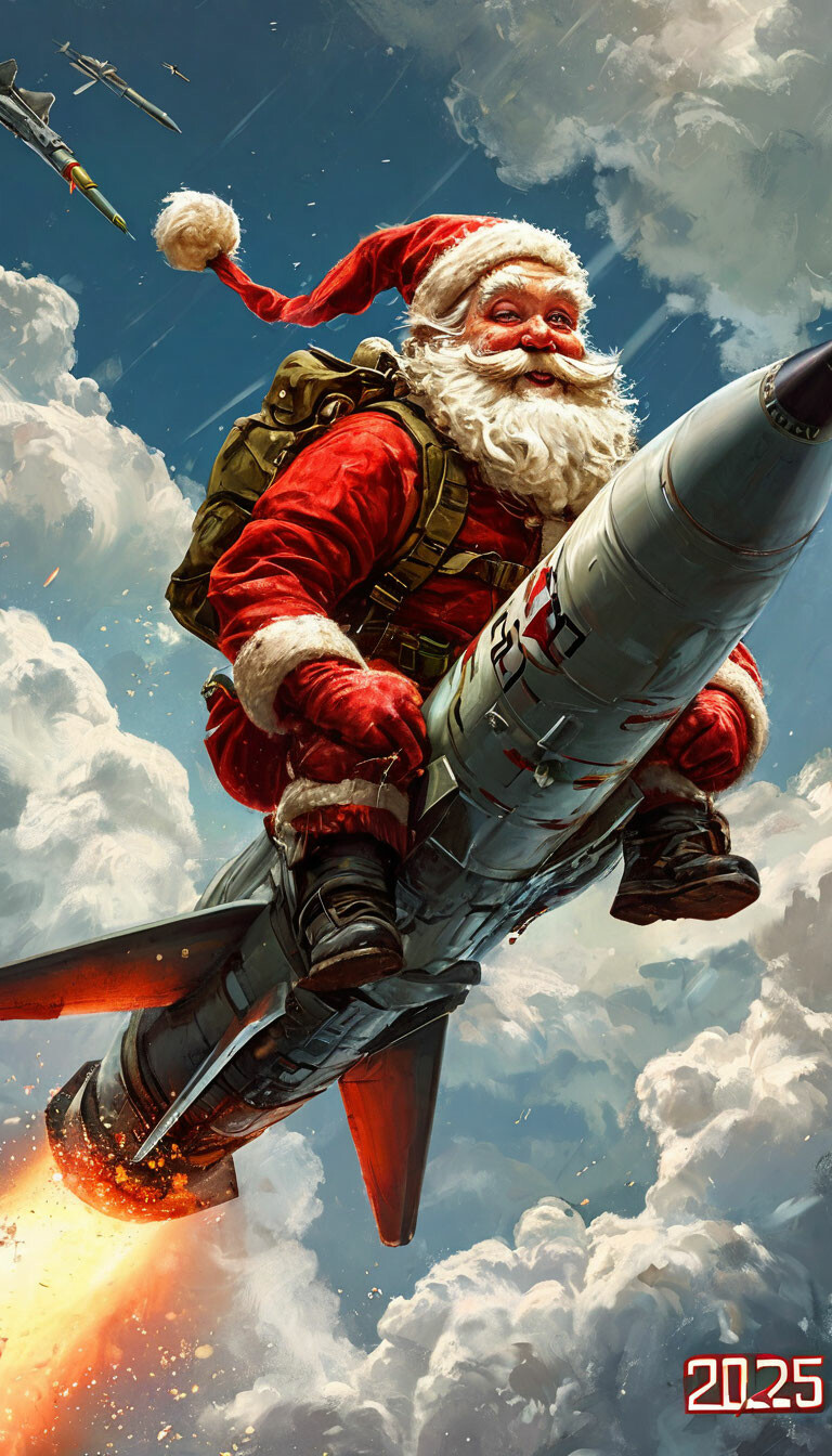"Santa flies astride a ballistic missile with the inscription "2025 ...