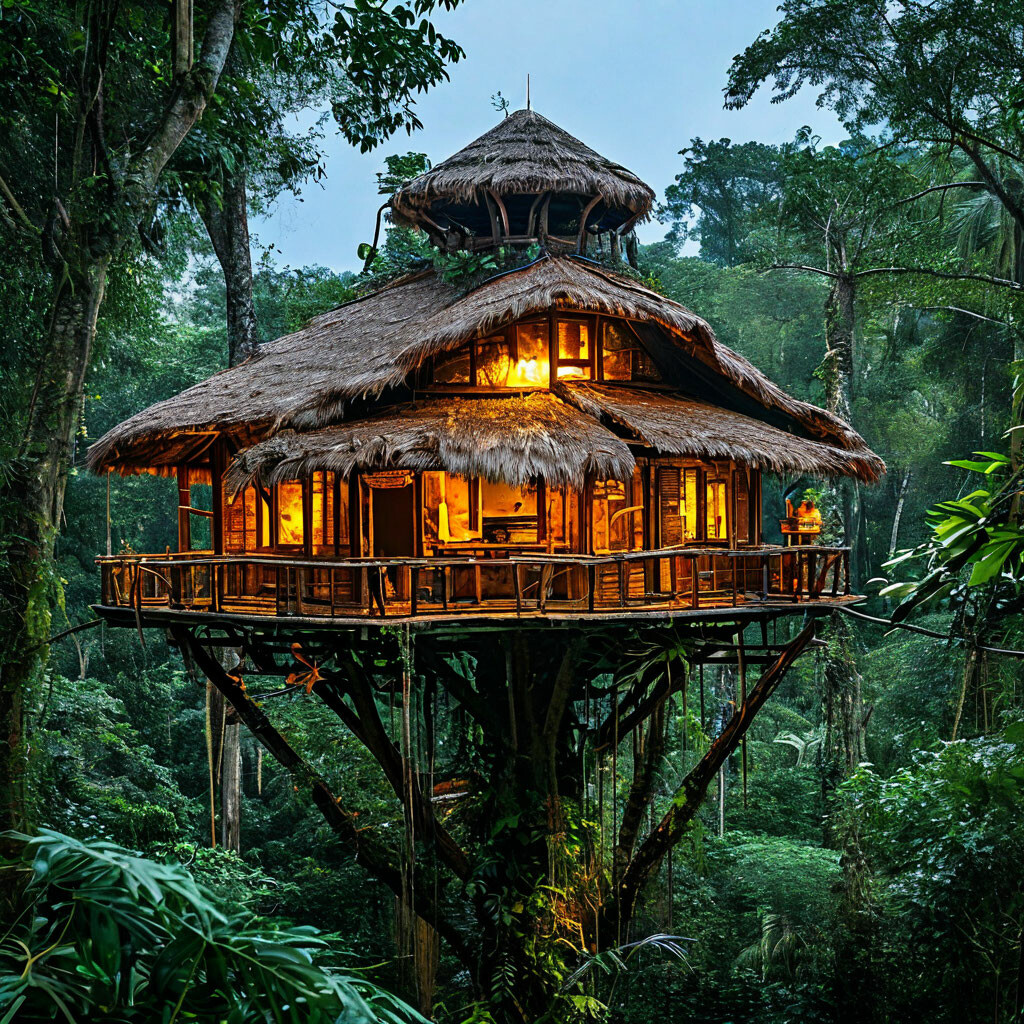 "Amazon Jungle Night Treehouse research base with lamp" — image created ...