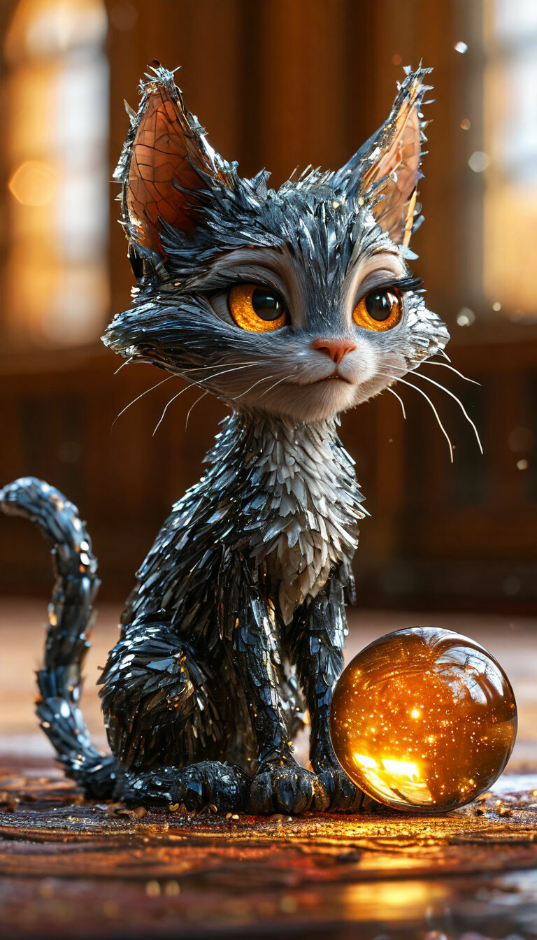 "Disney cartoon, a brooding cat made entirely of crystal with sparkling ...