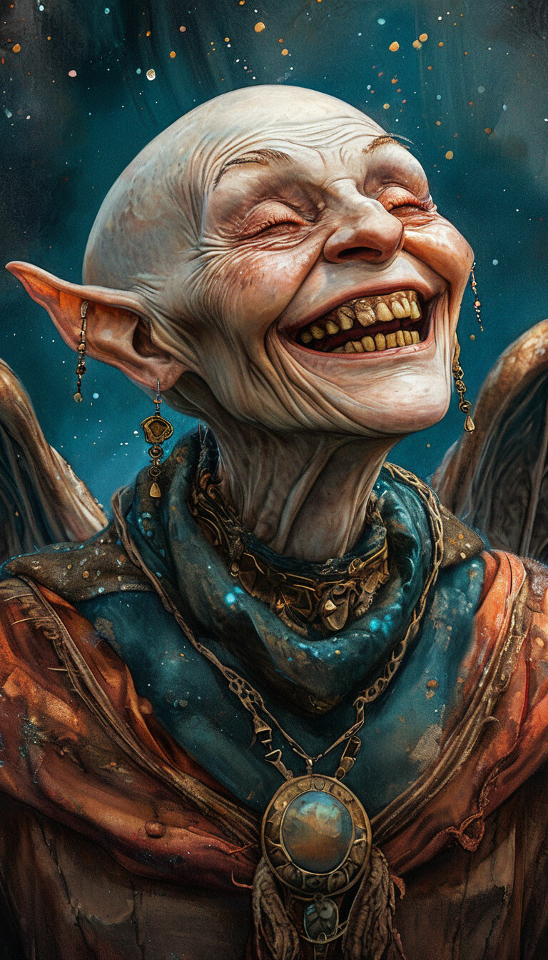 "Ancient legends. The bald wrinkled winged toothless pythia laughs ...