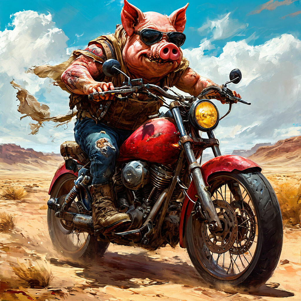 "A pig bandit rides a bike a pig's skull is painted on the bike a pig ...
