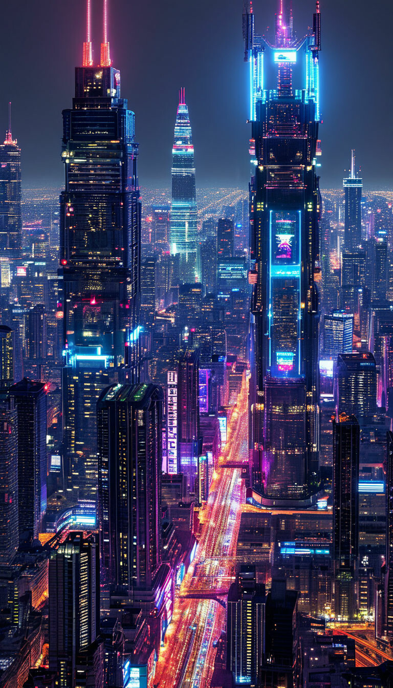 "Futuristic neon city, unusual design skyscrapers with holographic ...