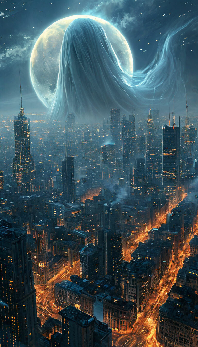 "Ghost layering city fantastic urbanism night moon transparent figure ...