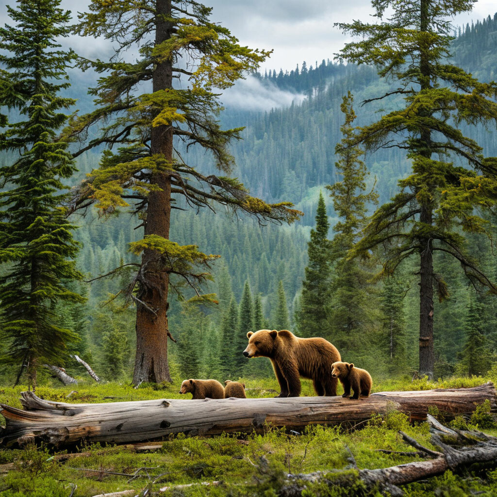 "Green taiga, broken tree, brown bear with three cubs, view from afar" — image created in Shedevrum