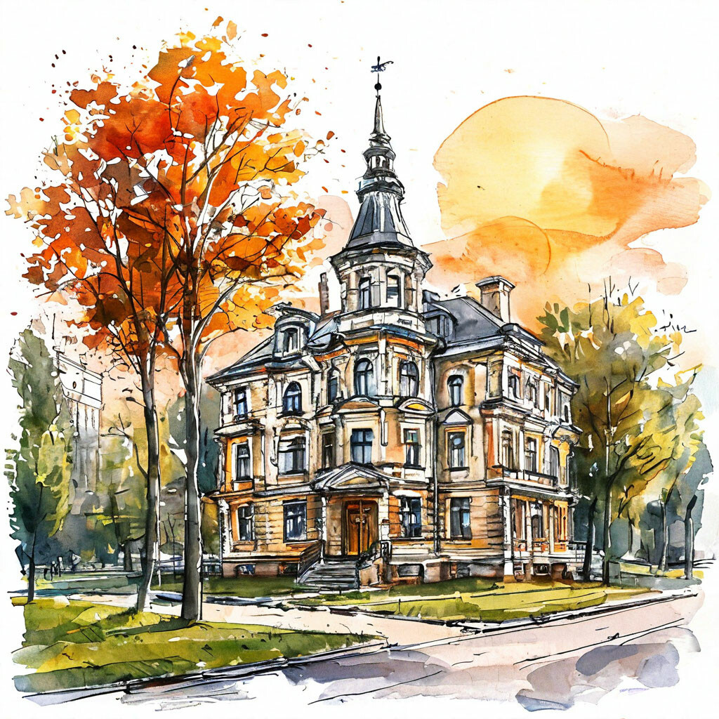 "Watercolor sketch on a white background of Kaliningrad house , trees ...